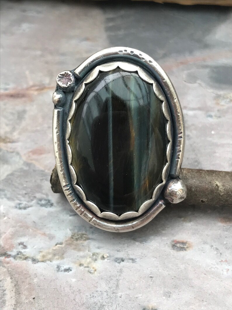 Blue tigers eye ring/big stone ring/rustic hand forged | Etsy