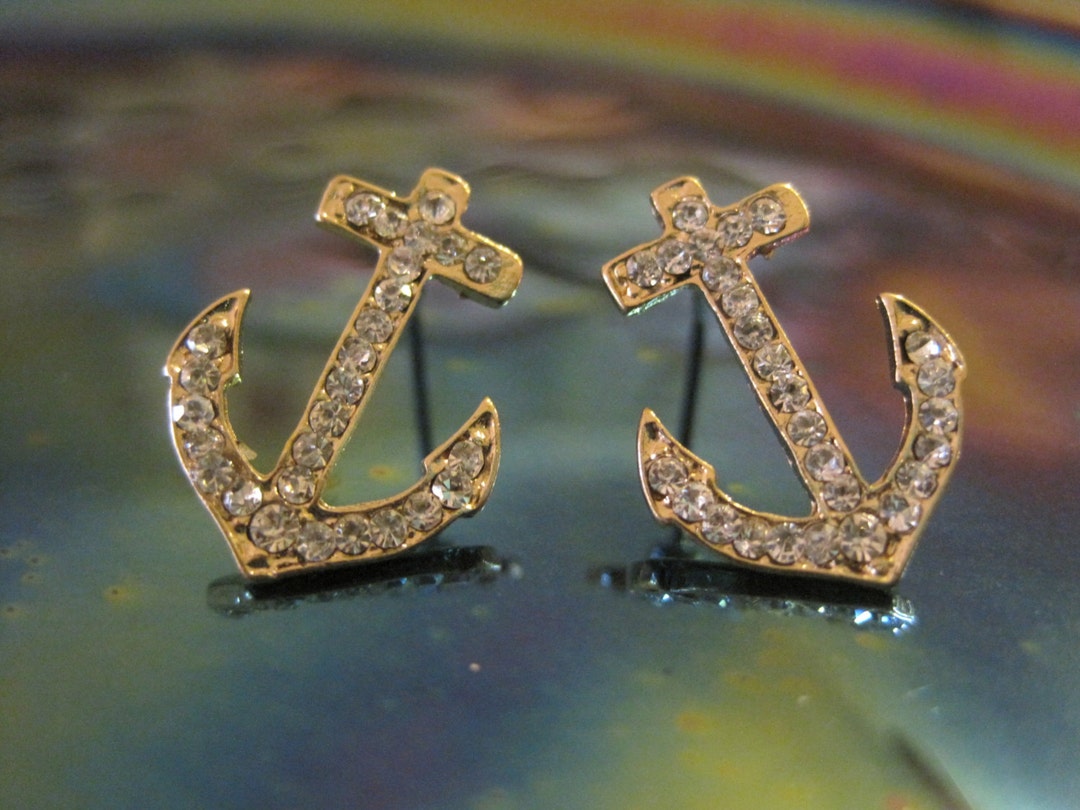Gold Anchor Earrings - Stud Earrings - Rhinestone Anchor Earrings ...