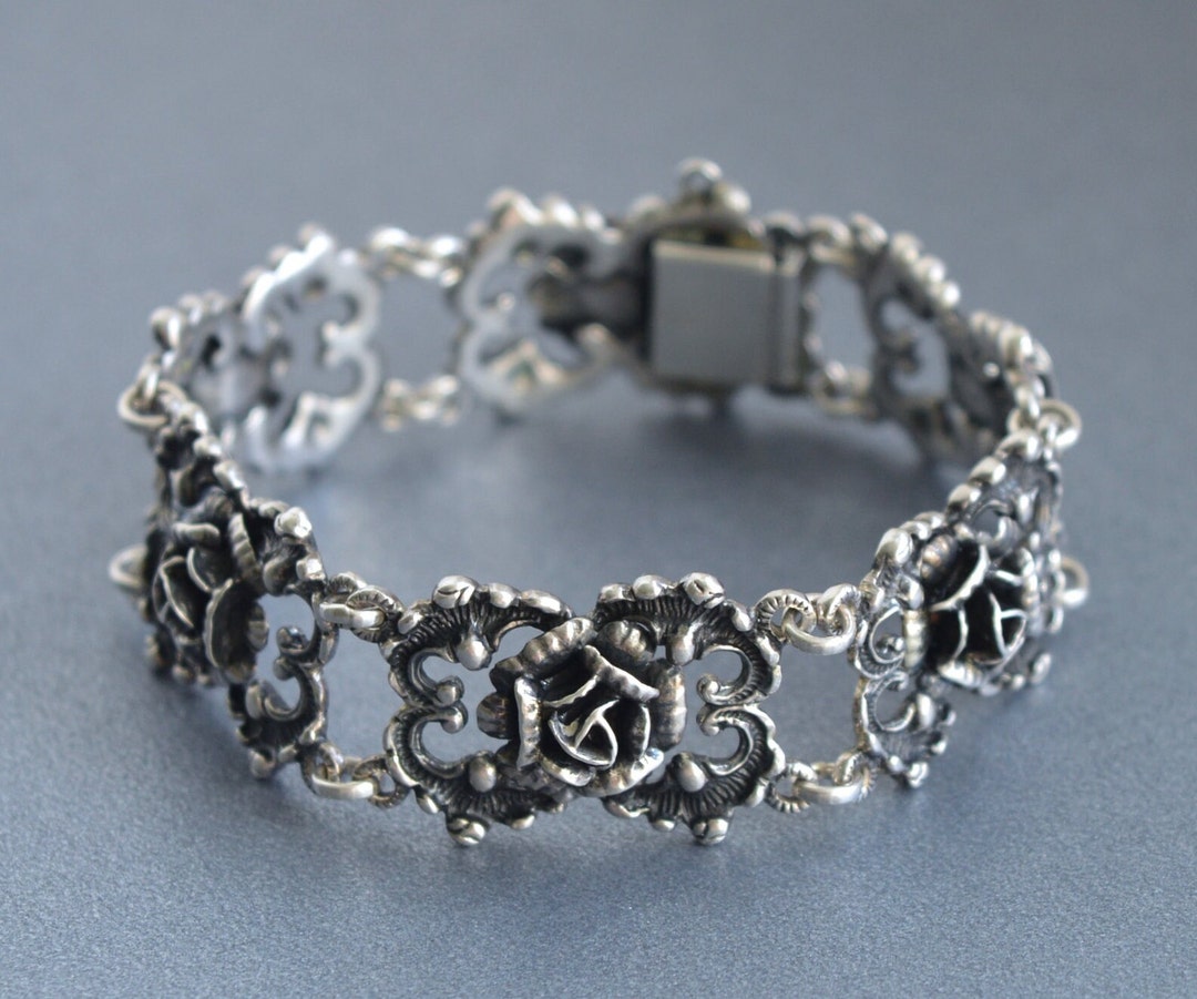 Massive 44g Vintage Three Dimensional Roses 835 Silver Bracelet Lenght ...