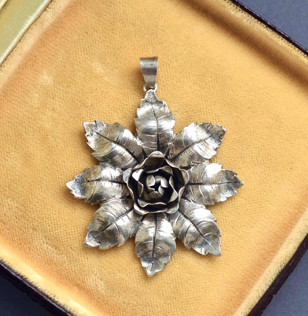 Antique 835 Silver Roses Flower Leaves Floral Pendant, Art Nouveau ...