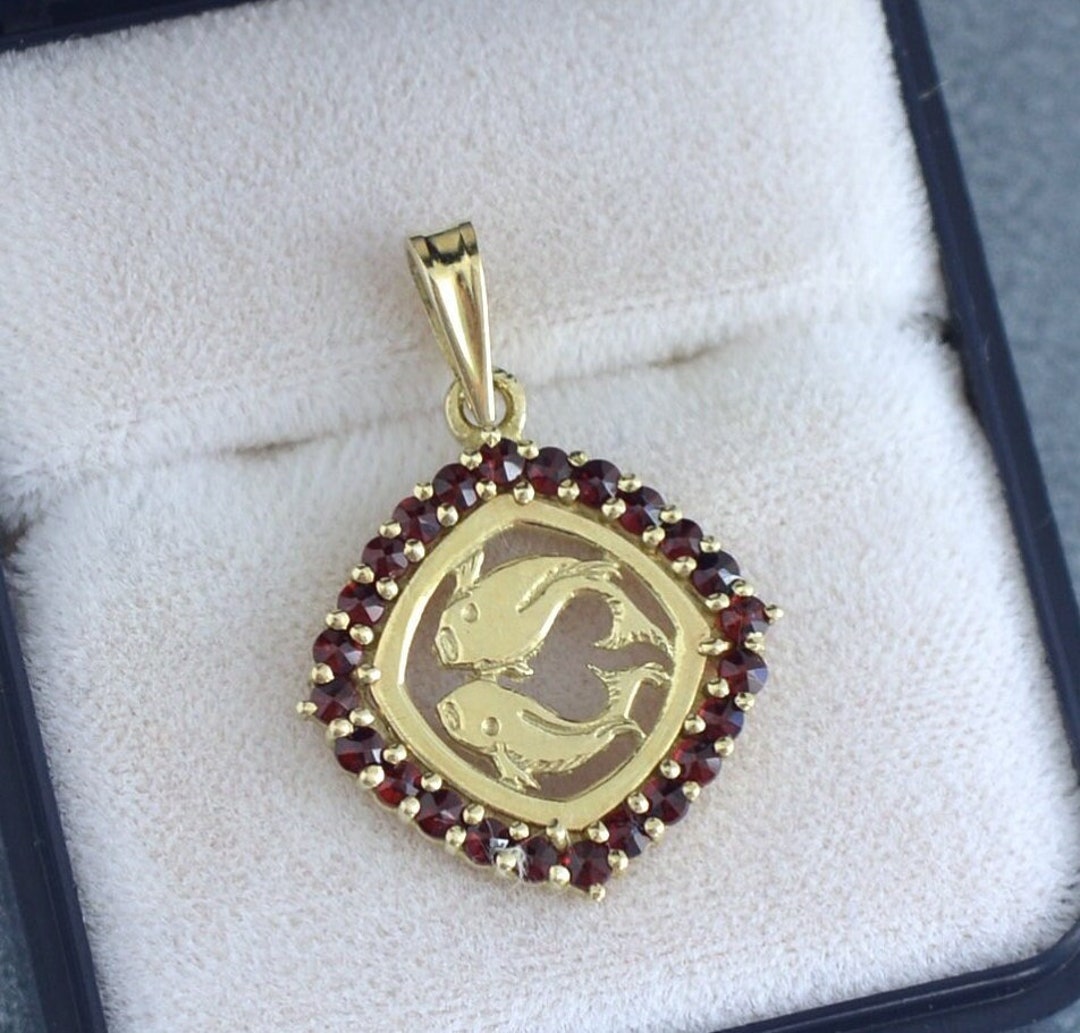 Vintage Bohemian Garnet Gold Plated 925 Silver Pisces Zodiac Pendant - Etsy