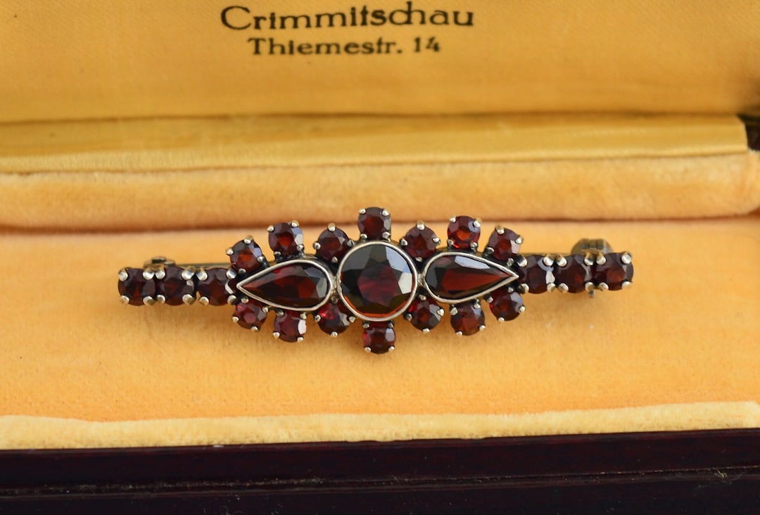 Art Deco Bohemian Garnet 925 Silver Bar Brooch Pin, Antique Garnet ...