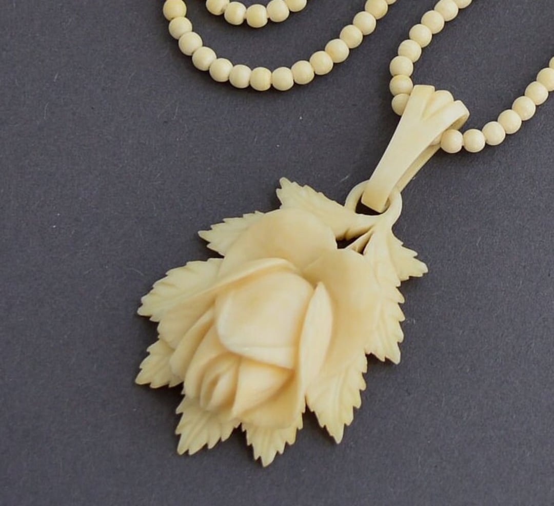 Antique Hand Carved Bovine Bone Rose Flower Pendant Necklace - Etsy