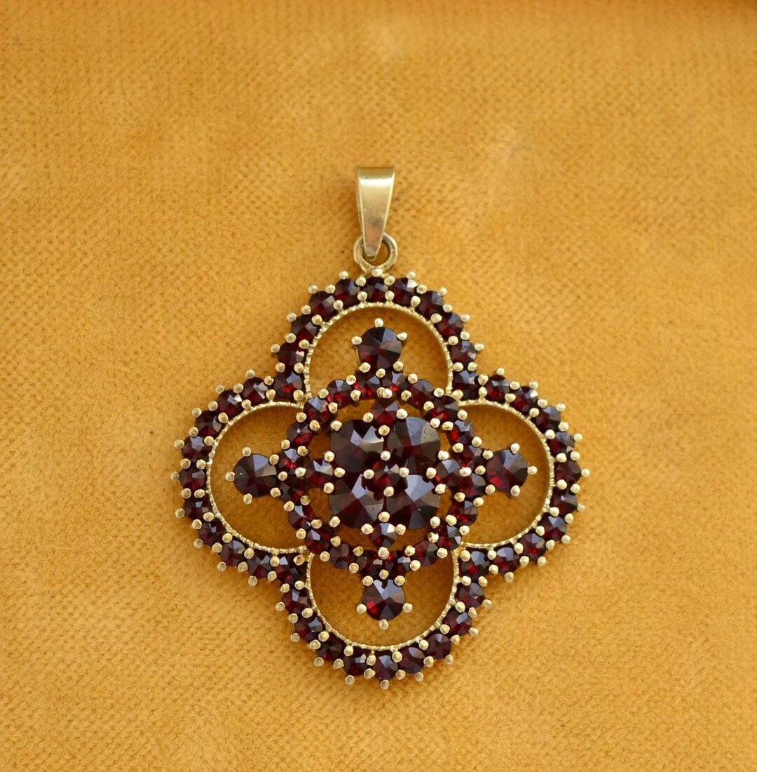 Vintage 3-tiered Bohemian Garnet Gold Plated 900 Silver Pendant, Czech ...