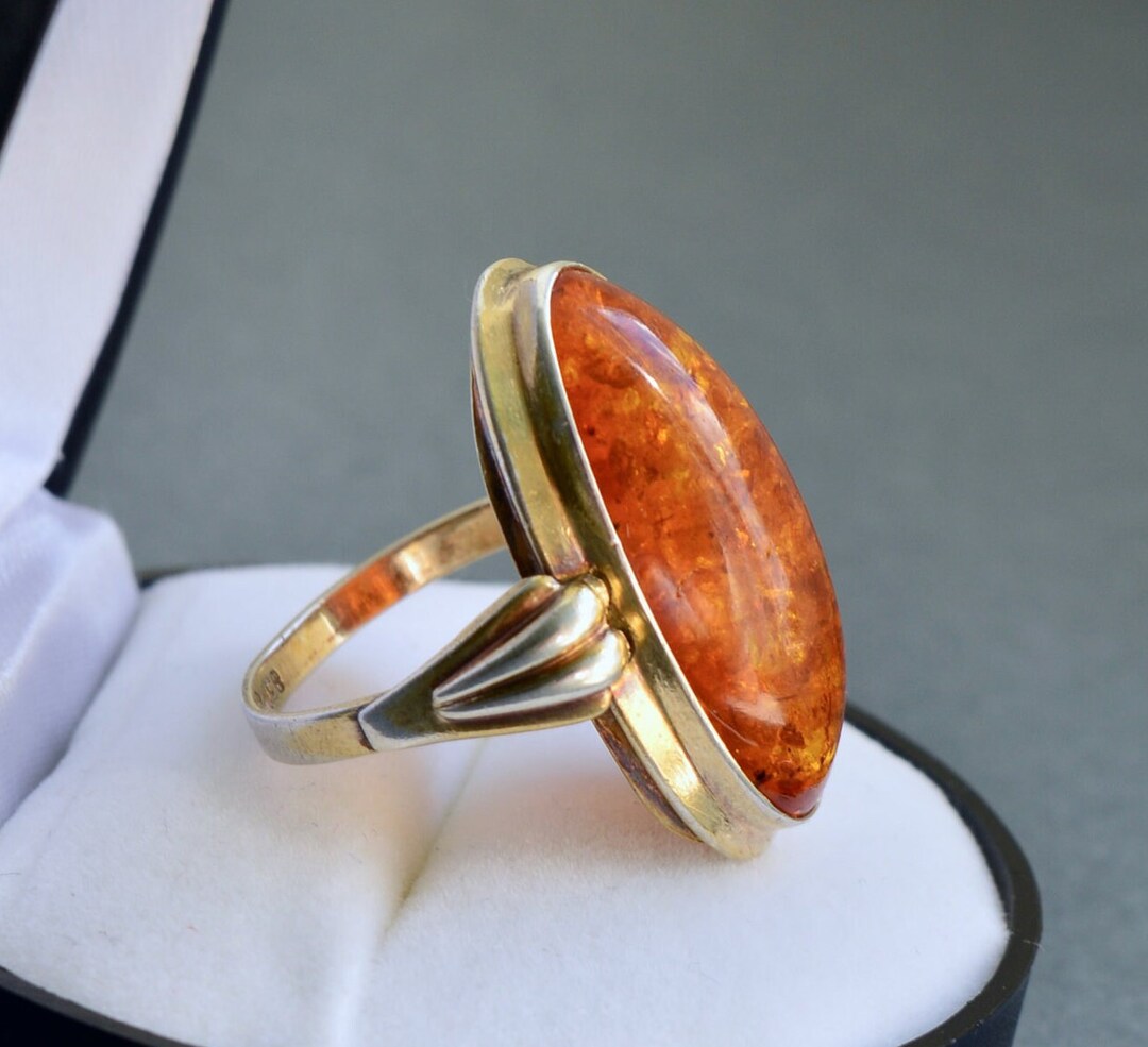 Large Art Deco Baltic Amber 830 Silver Ring, Vintage Amber Ring Size US ...
