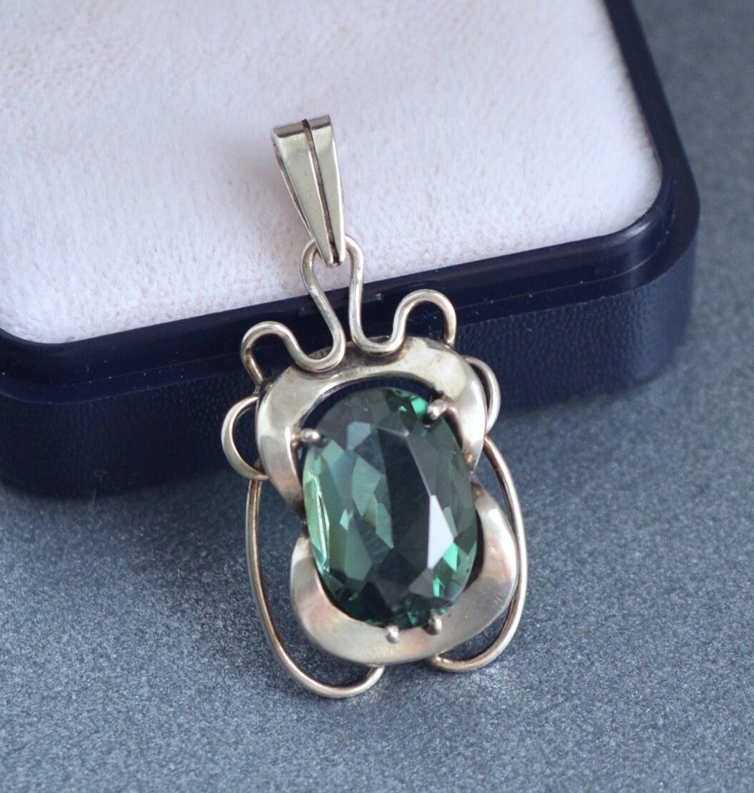 German Art Deco Green Tourmaline 835 Silver Pendant, Bauhaus Jewelry ...