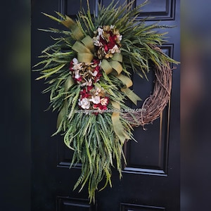 Extra Large Red Hydrangea Door Wreath, Blended Red Green and Cream and ...