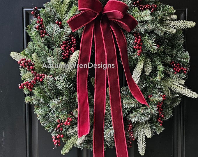 24 Inch Large Winter Door Wreath With Dark Burgundy Red Velvet Bow ...