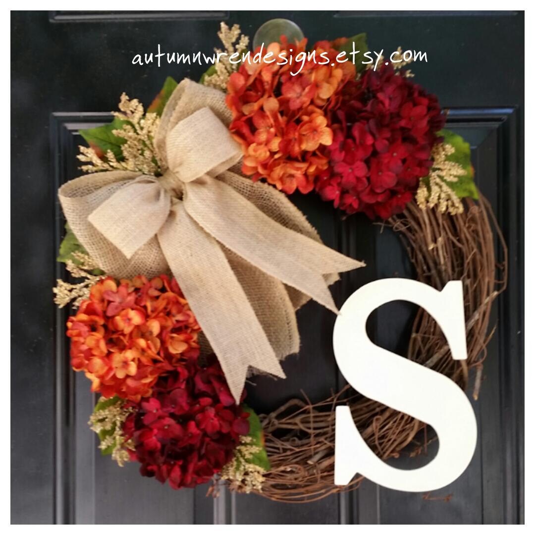 LARGE Fall Wreath, FALL Door Wreaths, Red Hydrangea Wreath, Orange Fall ...