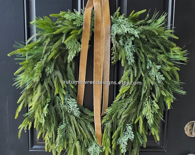 24×32 Large Norfolk Soft Pine Cedar Greenery Wreath, Neutral Christmas ...