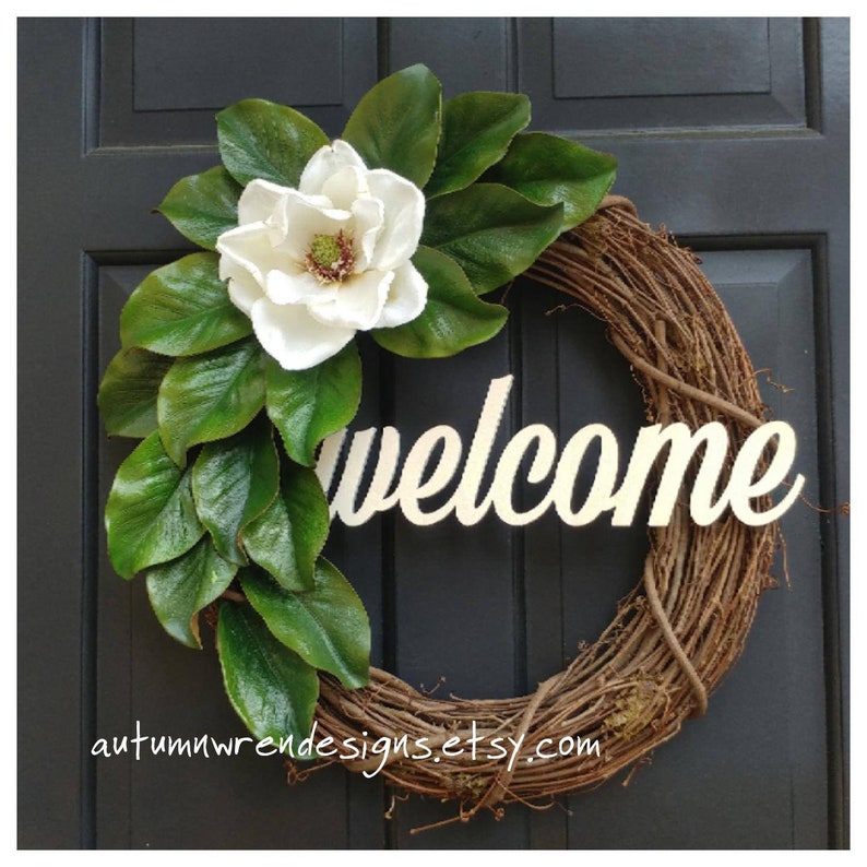 Year Round WELCOME Magnolia Wreath With Magnolia Leaves | Etsy