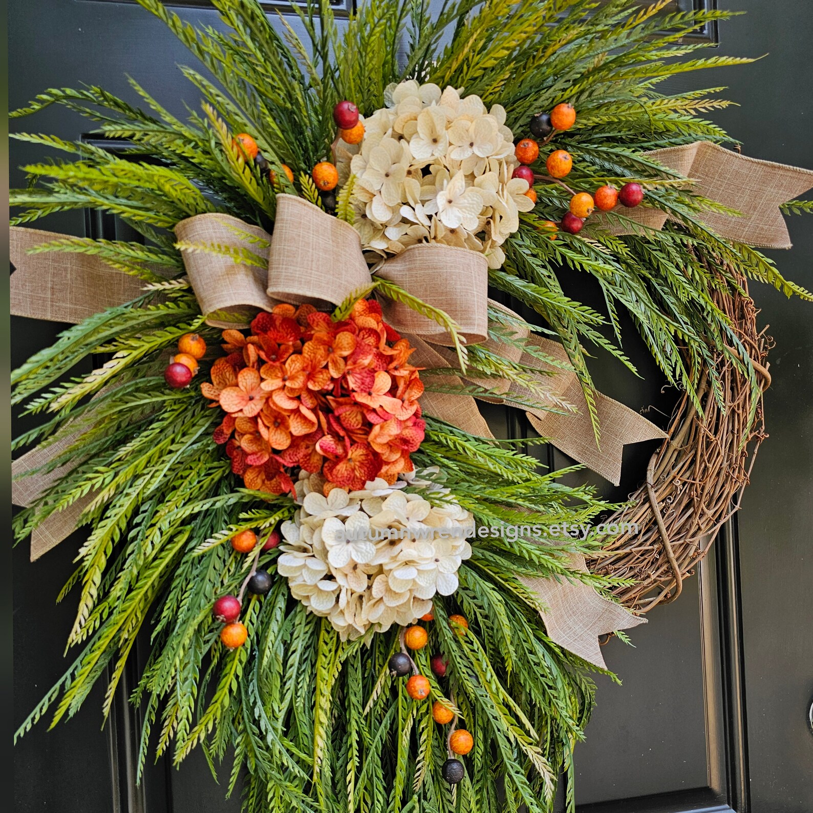Extra Large 32x26 Fall Greenery Wreath With Pumpkin Orange and Creamy ...