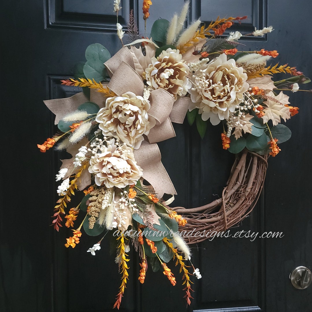 FALL Hydrangea Wreath, Large Neutral Fall Wreath, Fall Door Wreath With ...