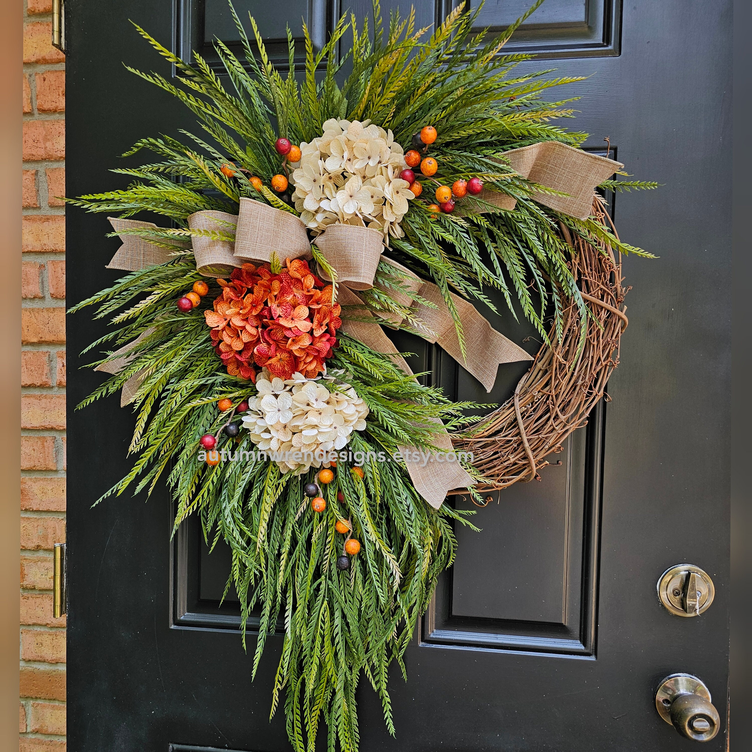 Extra Large 32x26 Fall Greenery Wreath With Pumpkin Orange and Creamy ...