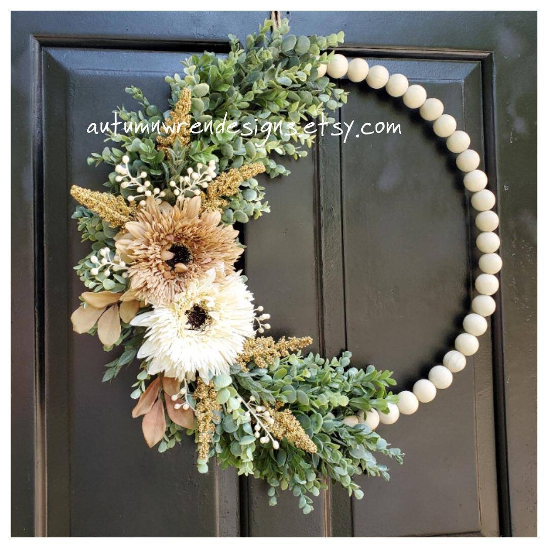 Fall Neutral Wood Bead Wreath, Fall Pampas Wreath, Modern Wreath With ...