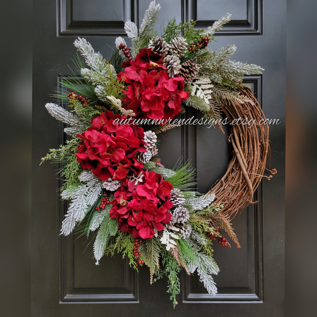 Large Christmas Hydrangea Wreath, Door Wreath With Red Hydrangeas ...