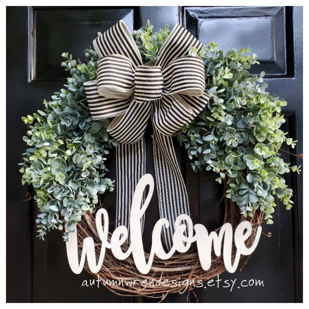Eucalyptus Wreath With Welcome Sign, Farmhouse Black and White Bow, - Etsy