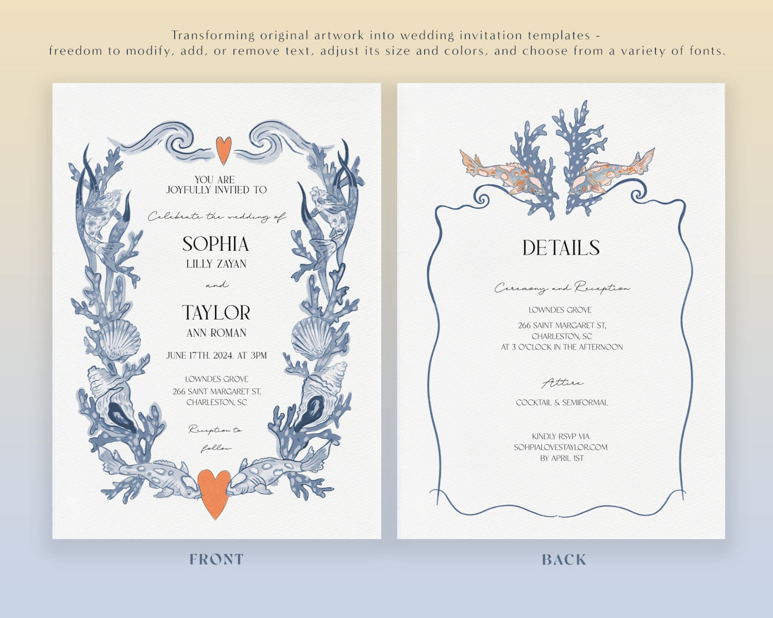 Whimsical Sea Fauna Wedding Invitation Template, Shells, Coral, and ...