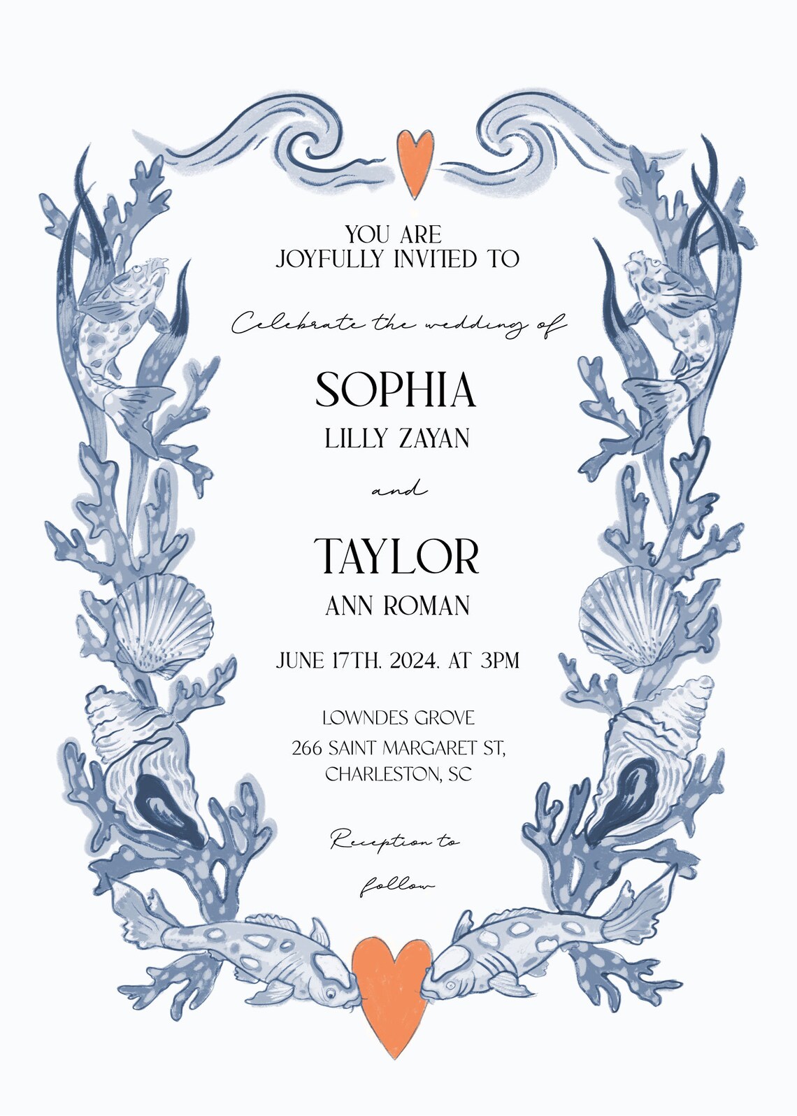 Whimsical Sea Fauna Wedding Invitation Template, Shells, Coral, and ...