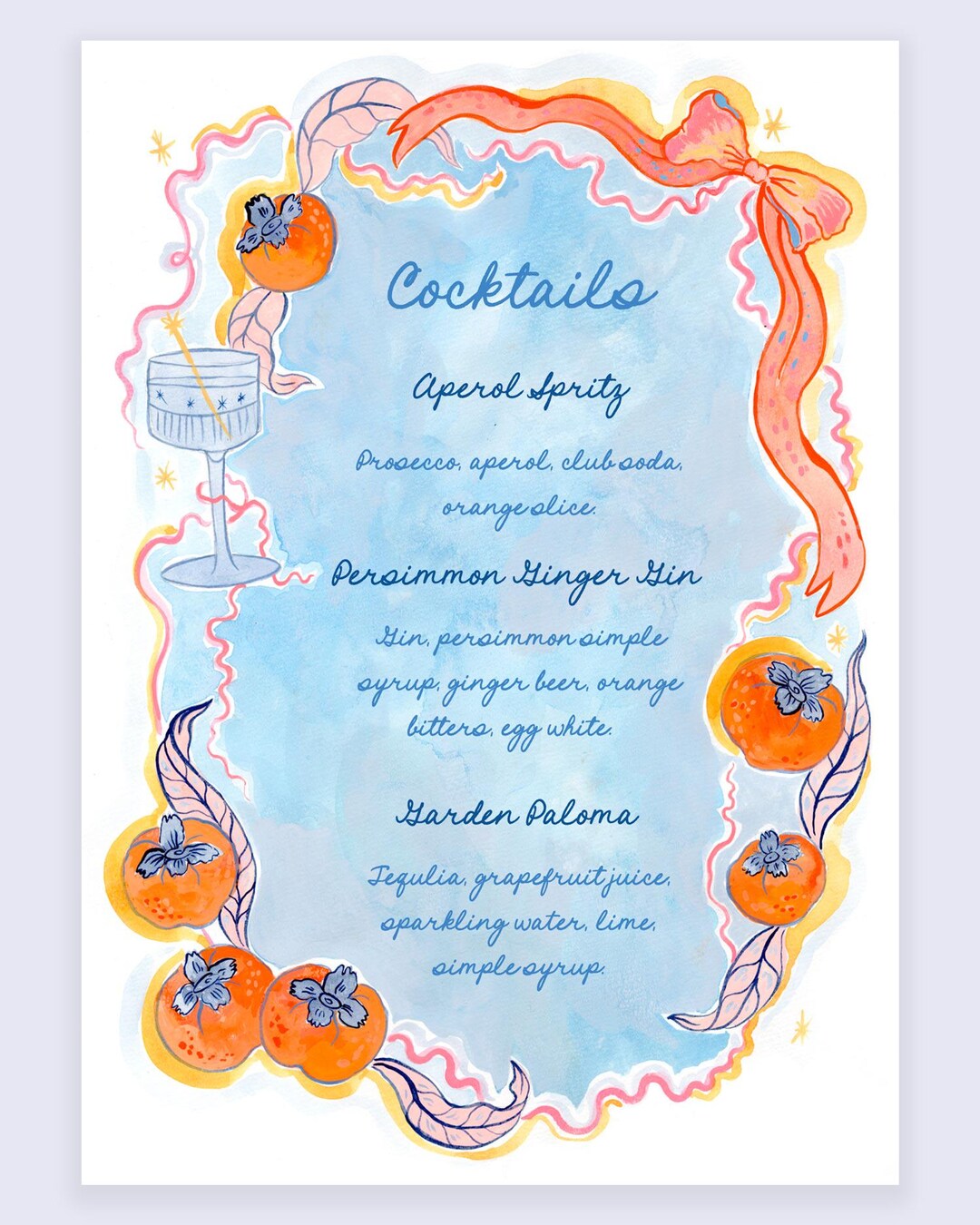 Garden Party Cocktail Menu Persimmon - Hand-painted - Cocktails ...