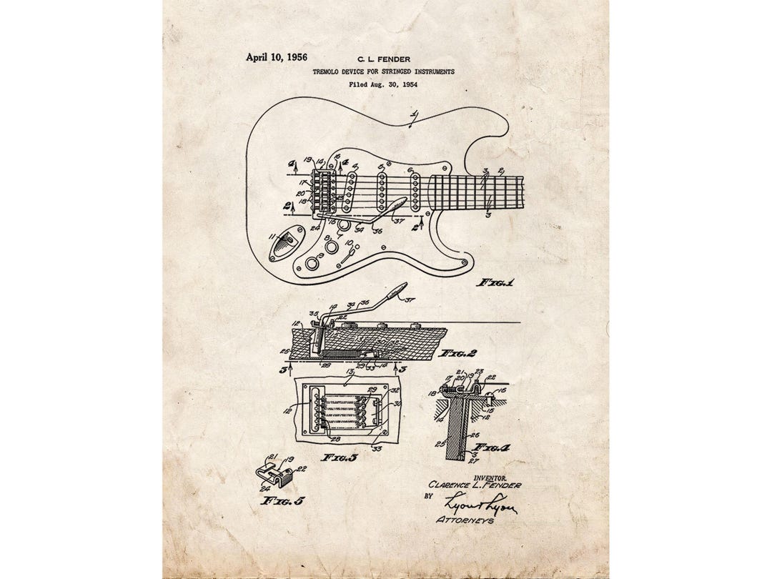 Clarence Fender Stratocaster Patent Print Poster - 1956 - Historical ...