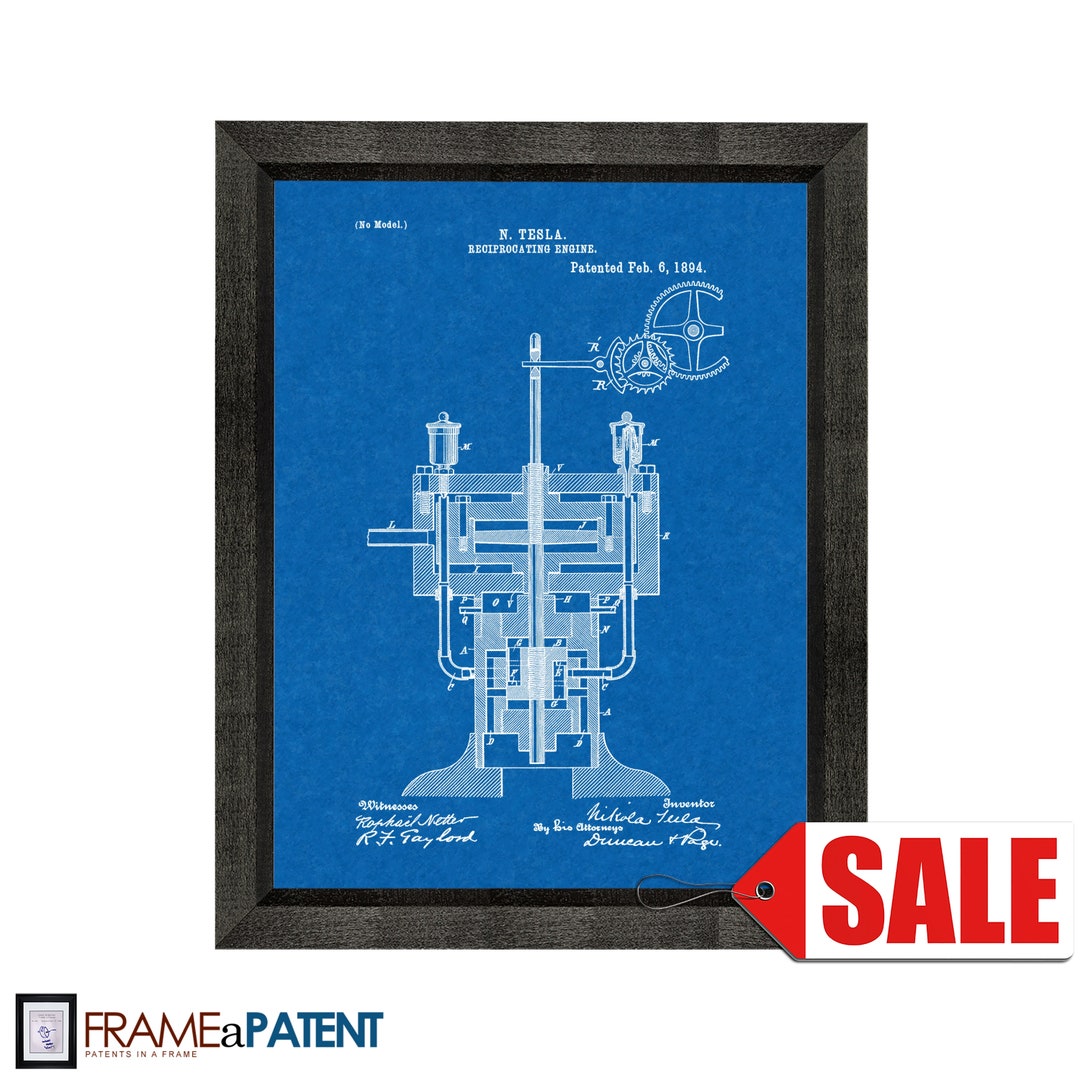 Tesla Reciprocating Engine Patent Print Poster 1894 Historical Vintage ...