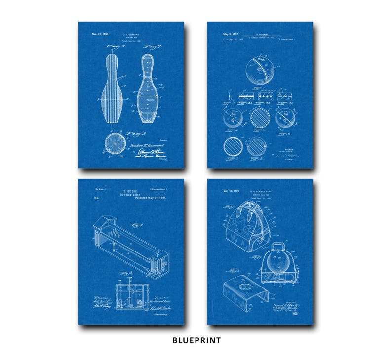 Bowling Patent Print Set of 4 - Bowling Pin, Ball, Alley, Bag Patent ...