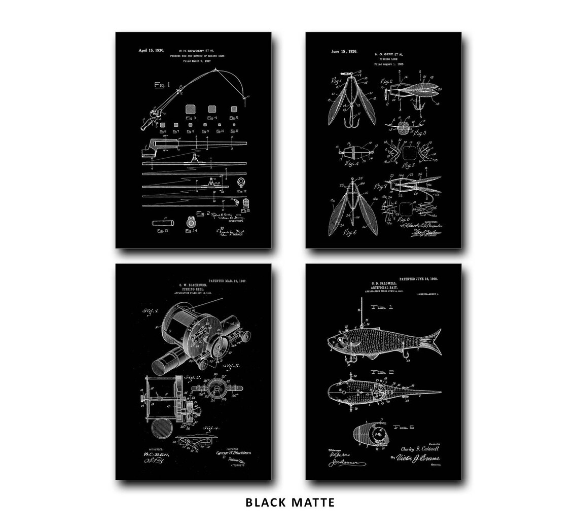 Fishing Patent Print Set of 4 - Fishing Rod, Lure, Reel, Bait Patent ...