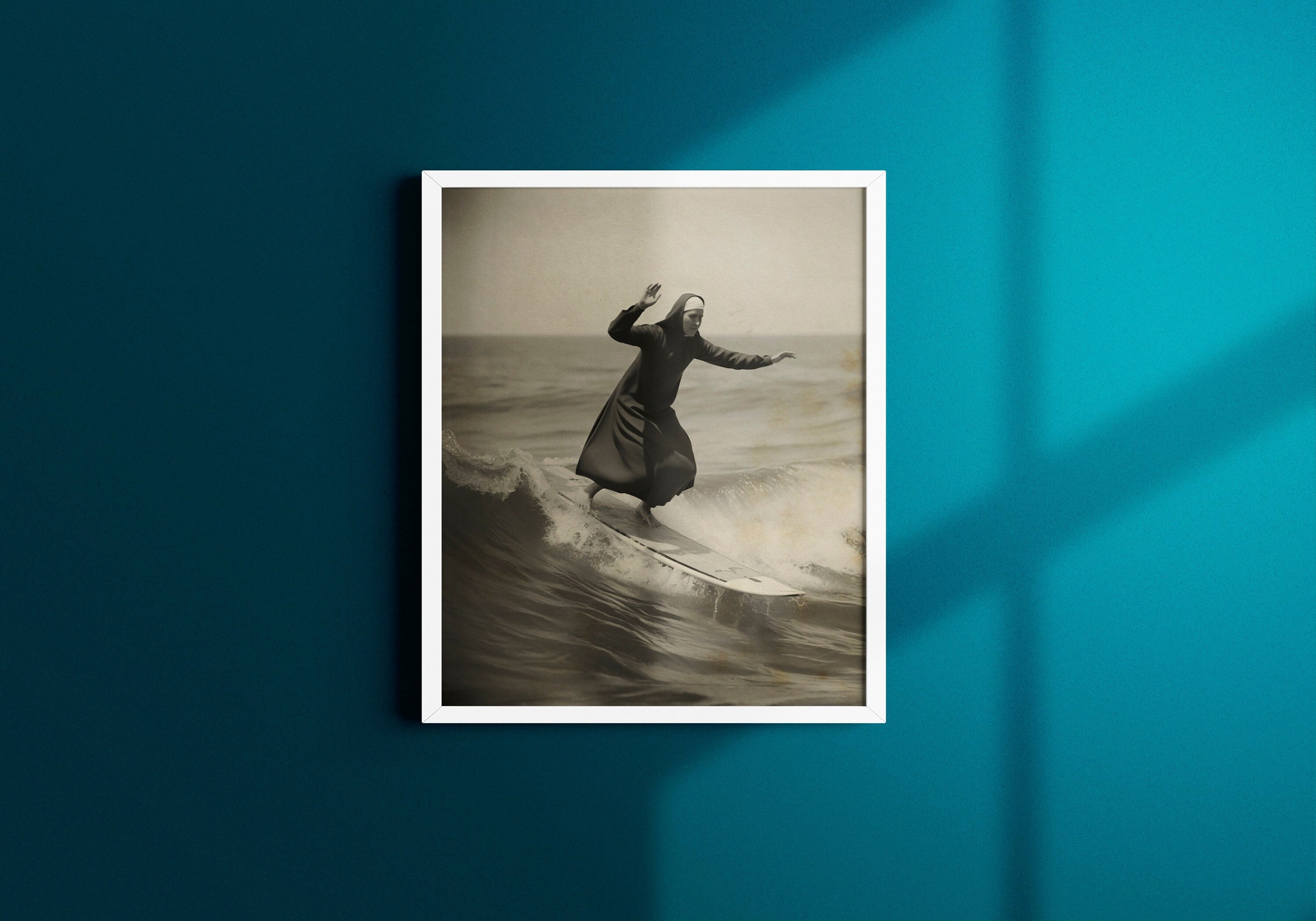 Surfing Nun, Black & White Vintage Photo Print, Retro Surfing Art, Home ...