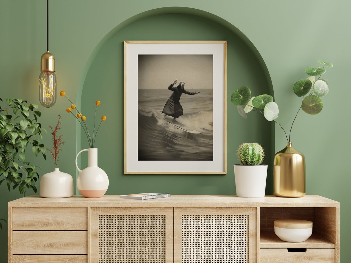 Surfing Nun, Black & White Vintage Photo Print, Retro Surfing Art, Home ...