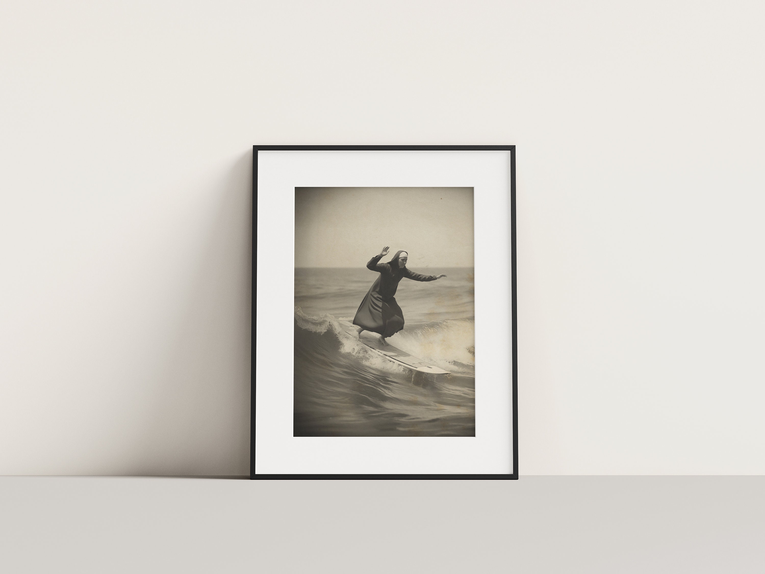 Surfing Nun, Black & White Vintage Photo Print, Retro Surfing Art, Home ...