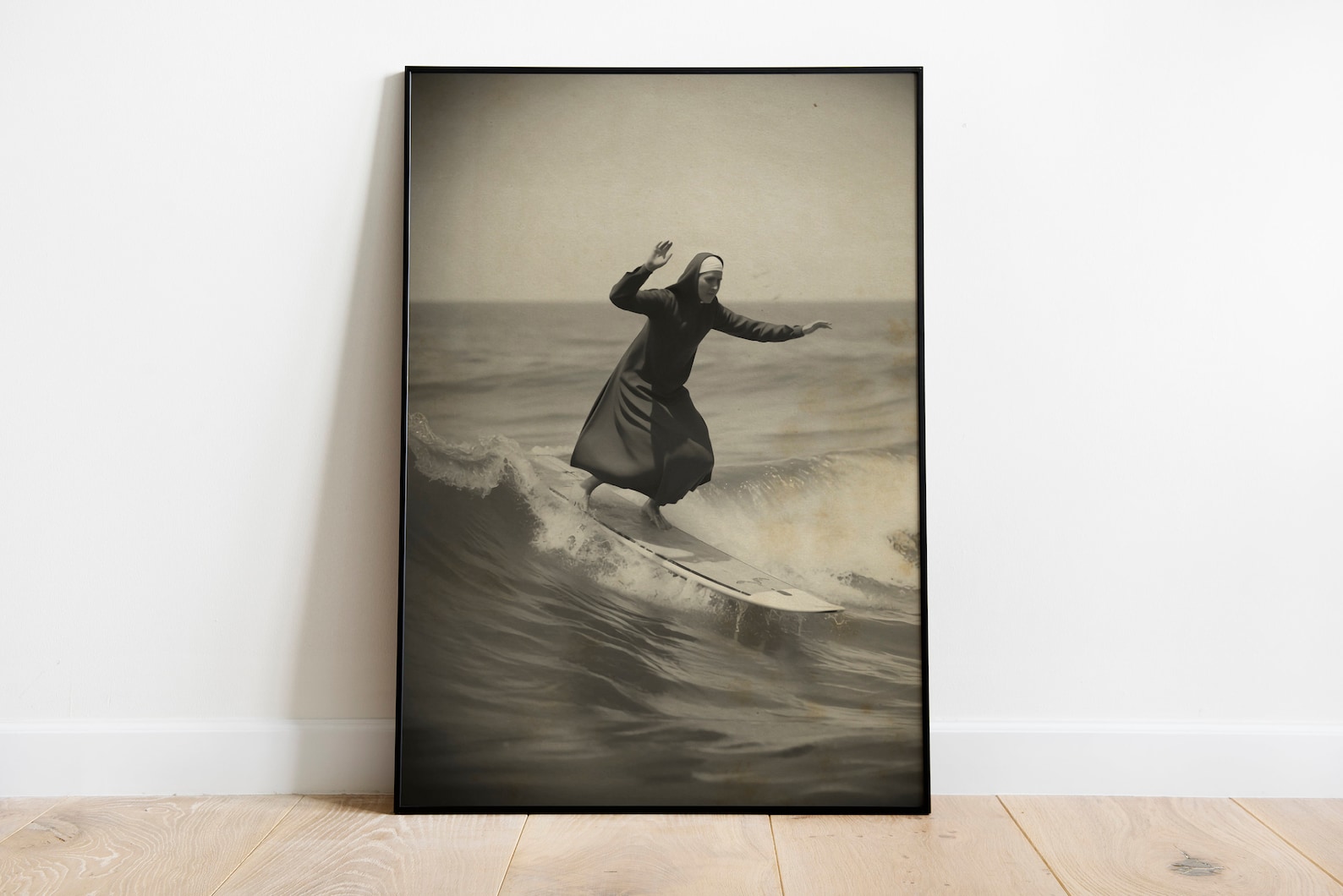 Surfing Nun, Black & White Vintage Photo Print, Retro Surfing Art, Home ...