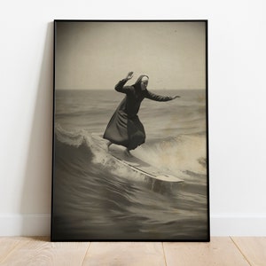 Surfing Nun, Black & White Vintage Photo Print, Retro Surfing Art, Home ...