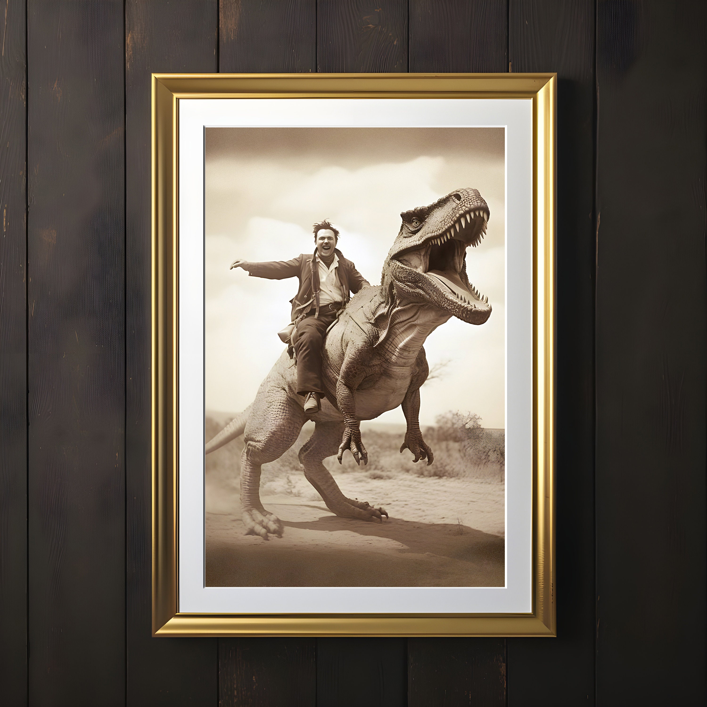 Quirky Vintage Print of Man Riding a Dinosaur, Black and White ...