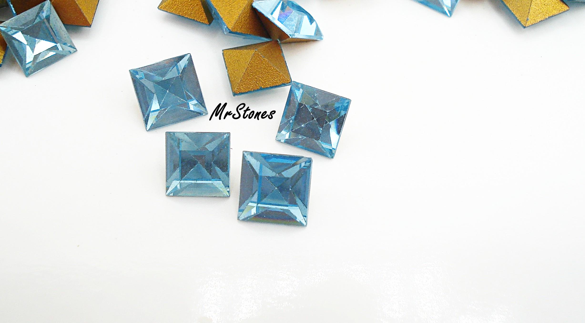 12pcs 6mm Old Aqua Blue Squares Gold Foiled Vintage Rhinestones Czech ...