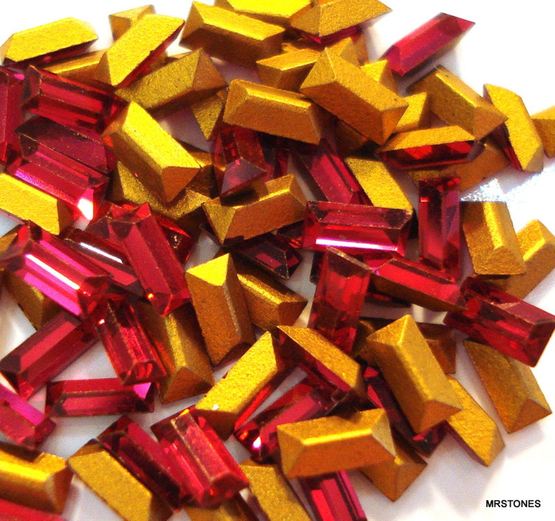 Vintage Swarovski Rhinestones: Ruby Red Baguettes, Gold Foiled (12 Pc ...