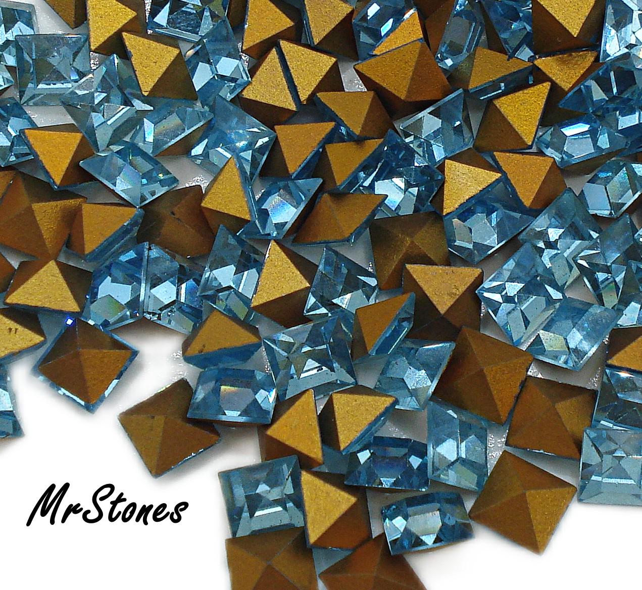 12pcs 6mm Old Aqua Blue Squares Gold Foiled Vintage Rhinestones Czech ...