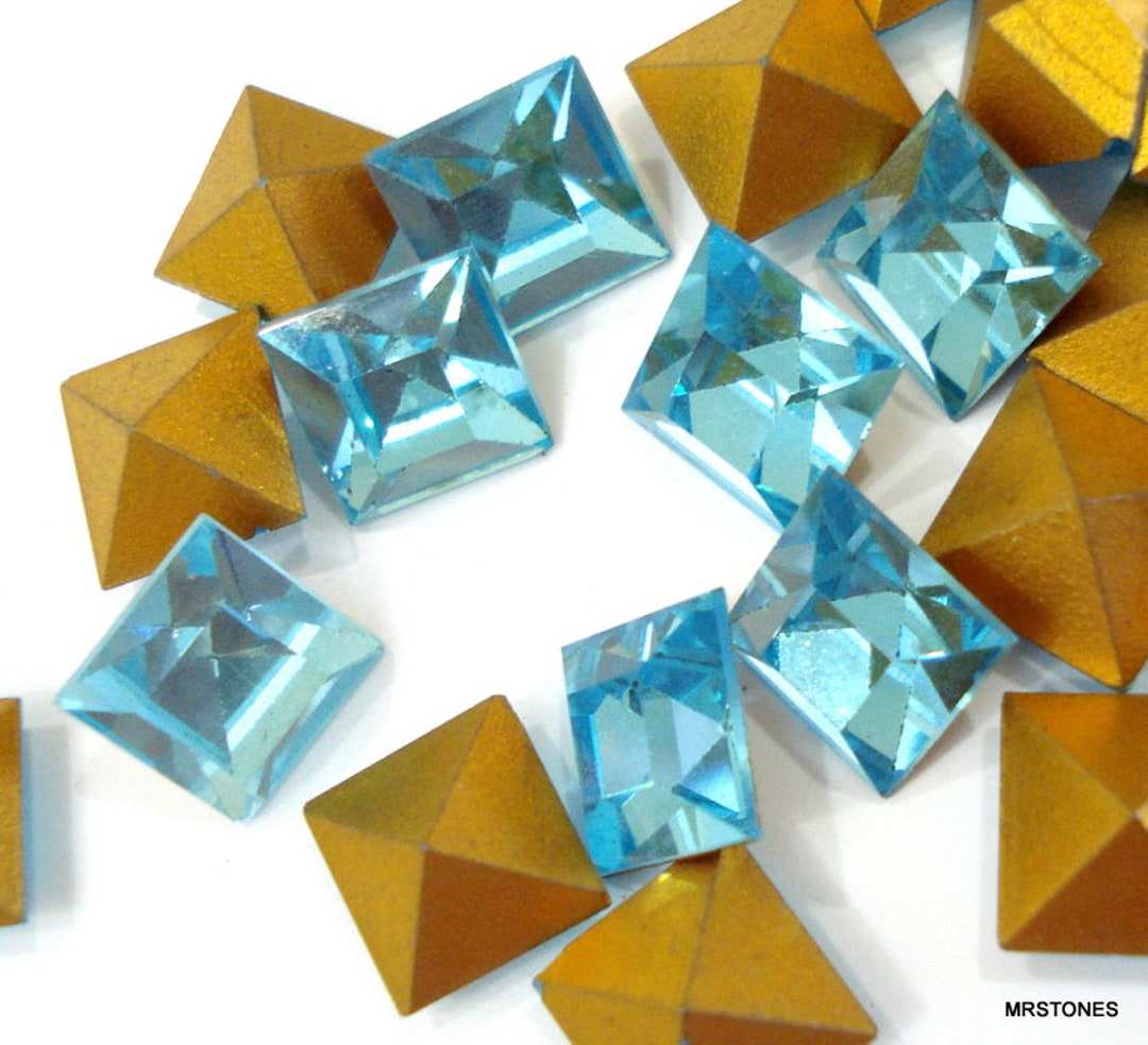 8 Pc Lot 8mm 8.0 Czech Aqua Squares Vintage Gold Foiled Pointed Back ...