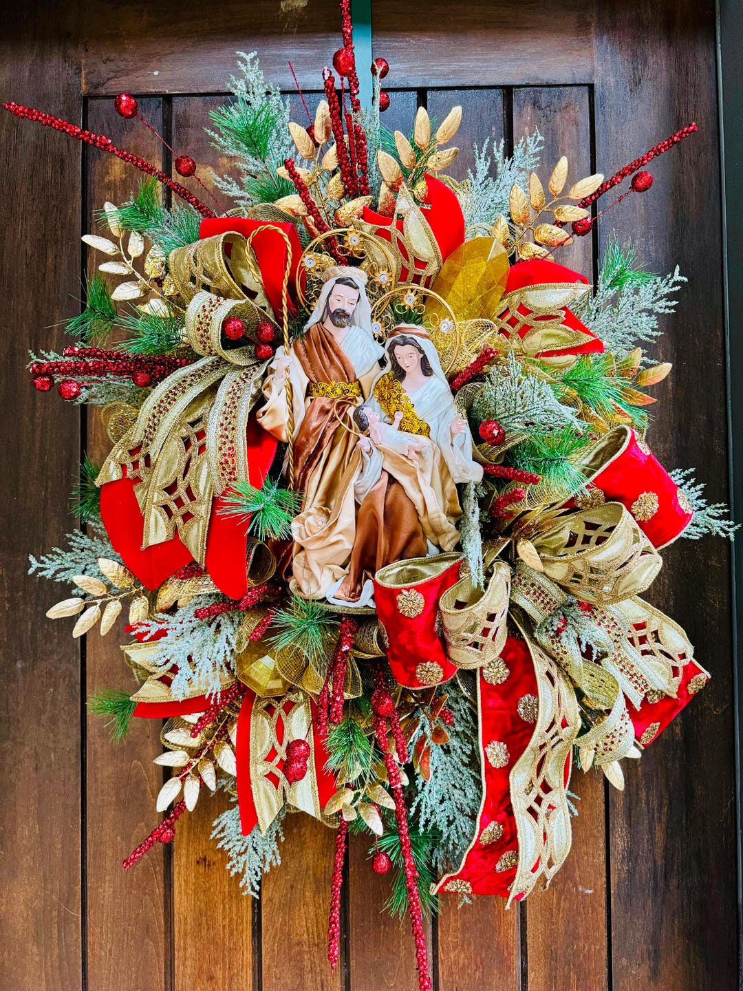 Peace on Earth Wreath, Religious Christmas Wreath, Nativity Scene, Gold ...