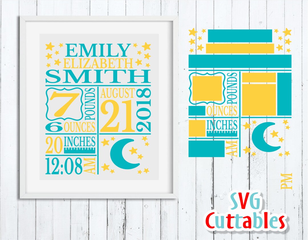 Baby Birth Announcement SVG - DXF - EPS - Baby Stats - Metric - Moon ...