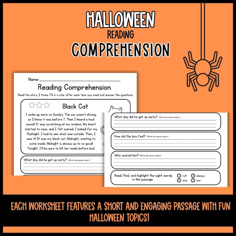 Halloween Reading Comprehension Worksheets: 1st & 2nd Grade Literacy ...