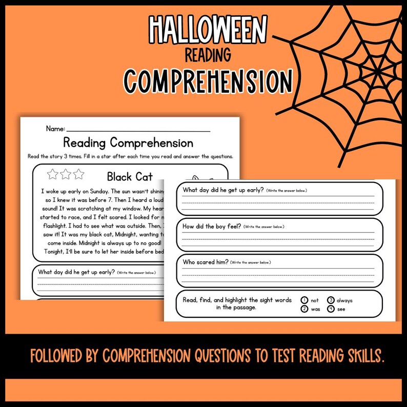 Halloween Reading Comprehension Worksheets: 1st & 2nd Grade Literacy ...