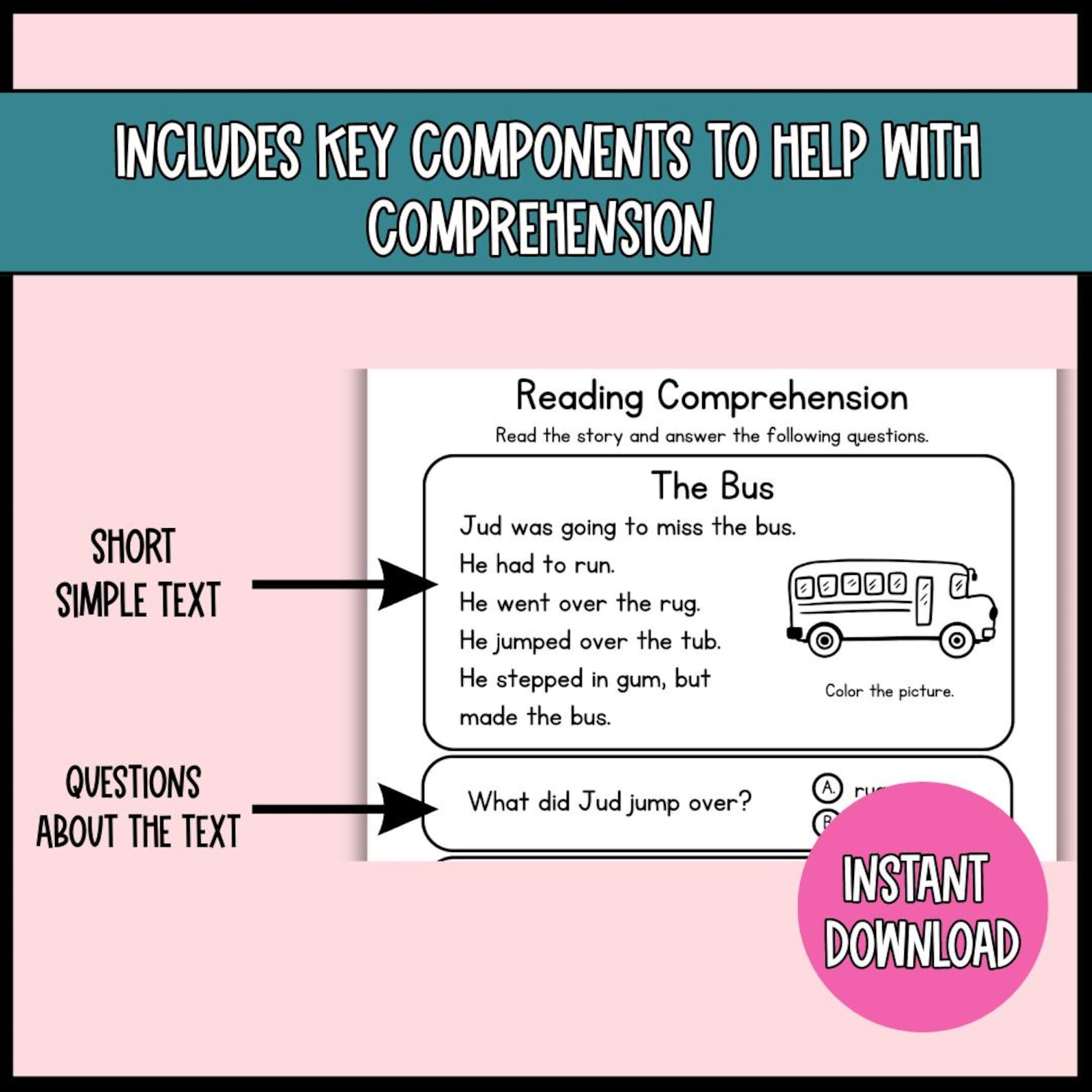 Reading Comprehension Worksheets: CVC Words, Short Vowels - Grade 1-2 ...