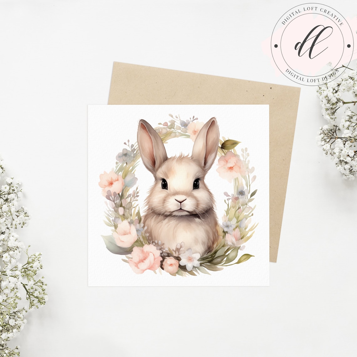 Bunny Rabbit With Floral Easter Wreath Watercolor JPG Digital Art Print ...