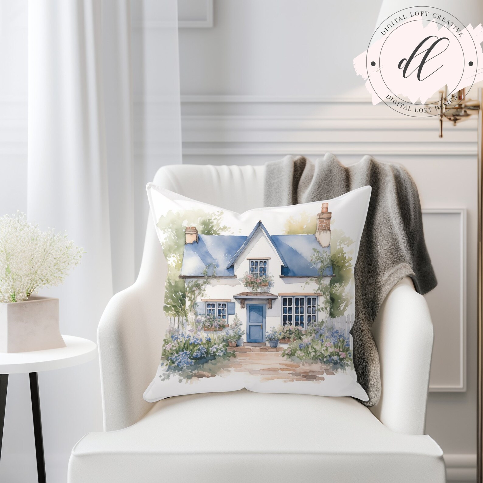 Sweet Blue Country Cottage Watercolor JPG Digital Art Print Printable ...