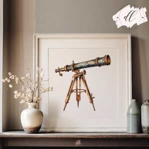 Vintage Telescope Illustration, Antique Brass Telescope Digital Print ...