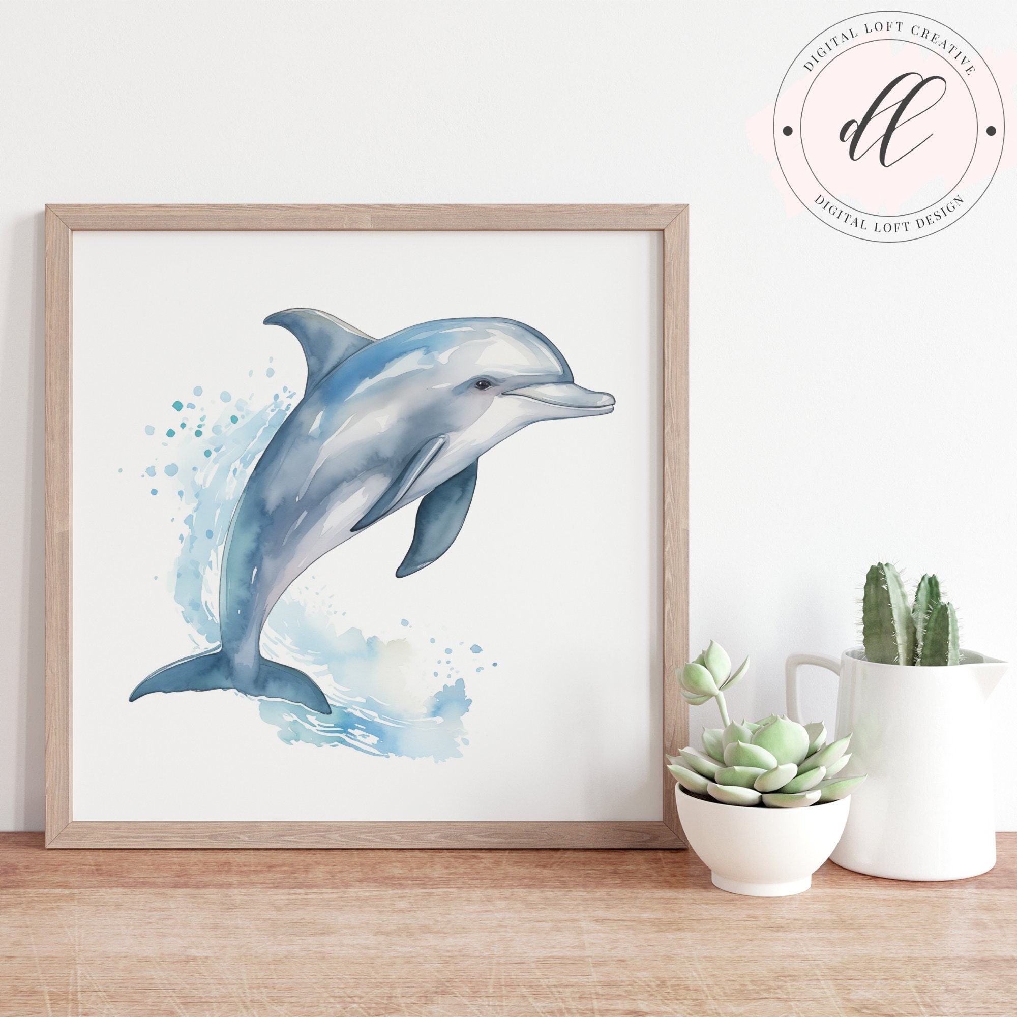 Watercolor Dolphin Artwork, Printable Ocean Animal Wall Decor, Nautical ...