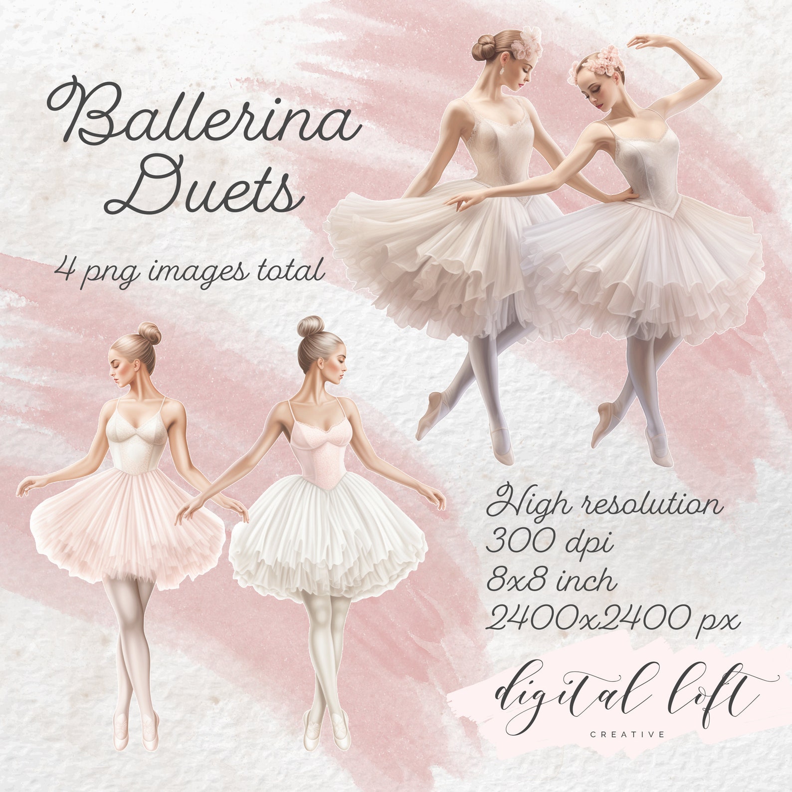 Watercolor Ballerina Duet Pairs Clipart Pastels Ballet Digital Graphic Commercial Use Dance ...
