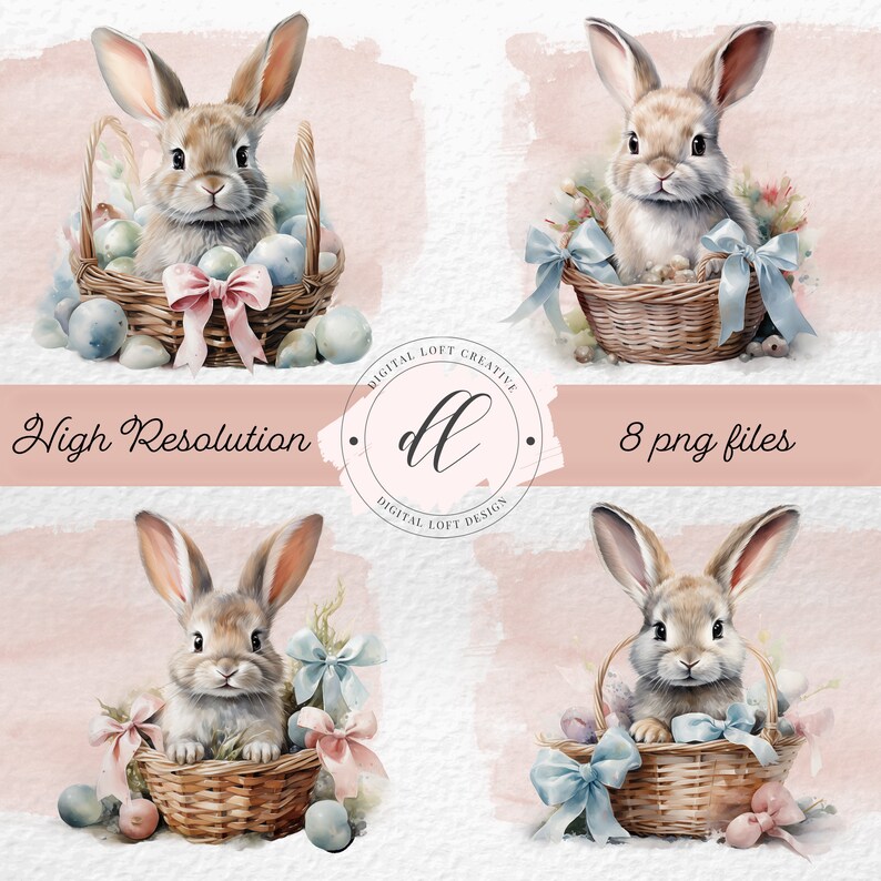 8 PNG Easter Basket Bunny Bundle, Cute Rabbit Illustration, Animal ...