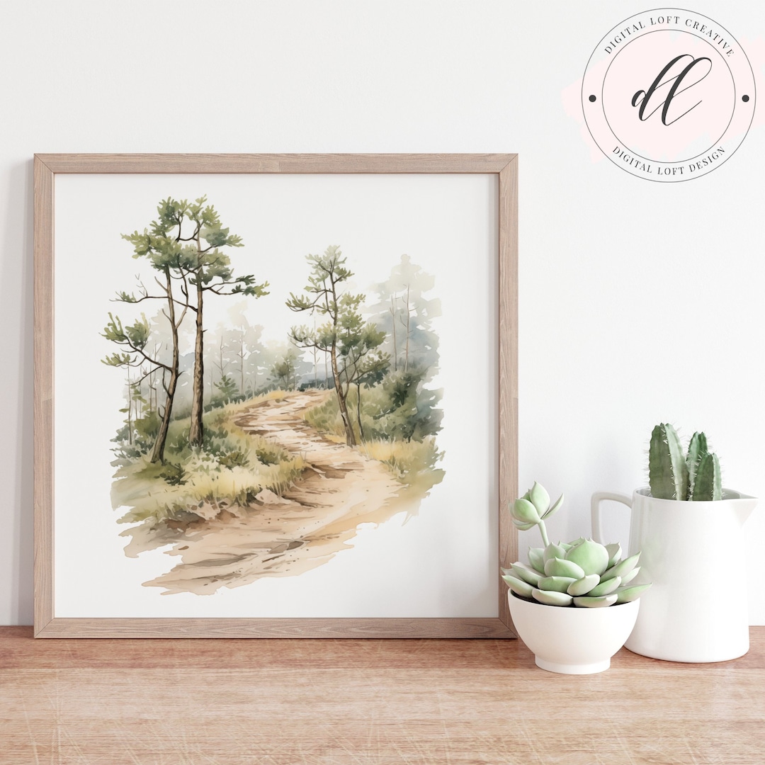 Watercolor Forest Hiking Path Printable Art, Rustic Nature Landscape ...